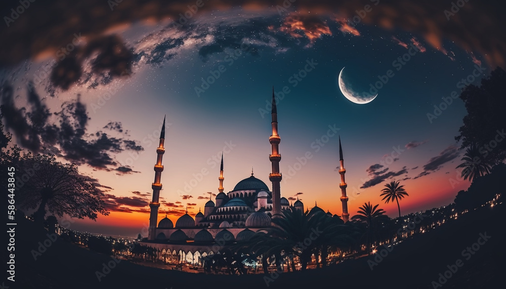 Mosque sunset sky, moon, holy night, islamic night and silhouette ...
