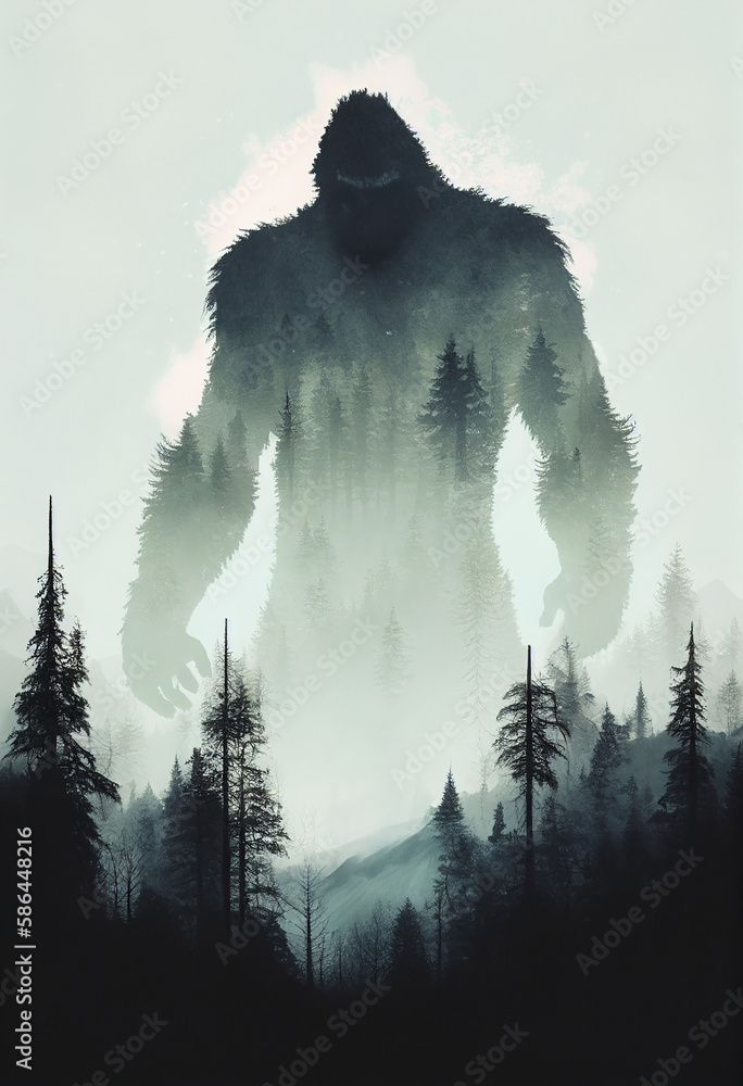 Bigfoot with double exposure mountain forest fog Stock Illustration ...