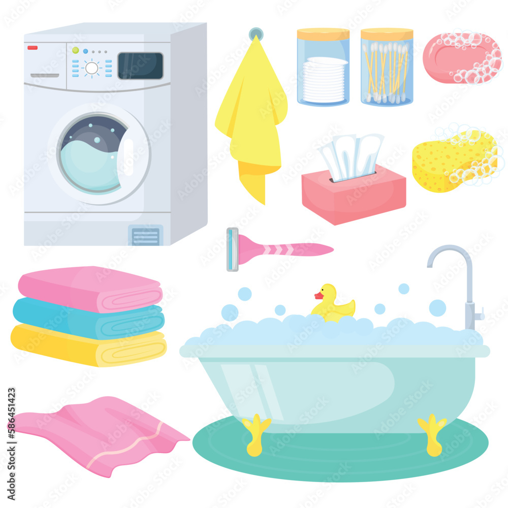 Vector cartoon set of bathroom hygiene items. The concept of ...