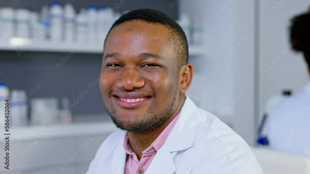 Face, researcher and black man in lab, healthcare and innovation for ...