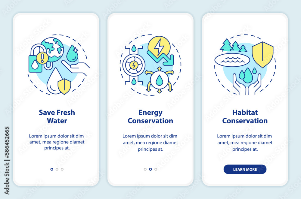Water conservation aims onboarding mobile app screen. Walkthrough 3 ...