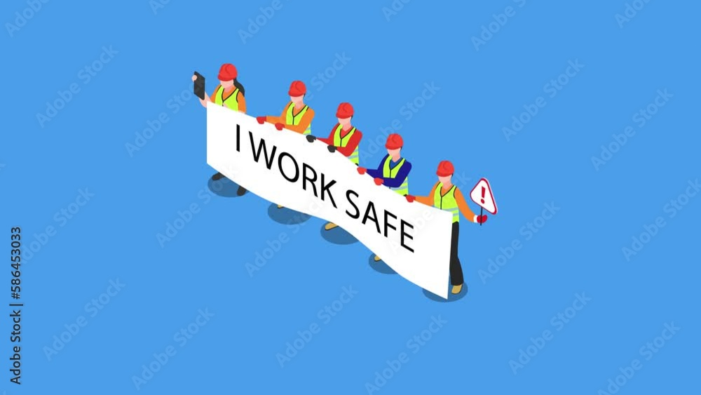 workers wearing personal protective equipment with I work safe poster ...