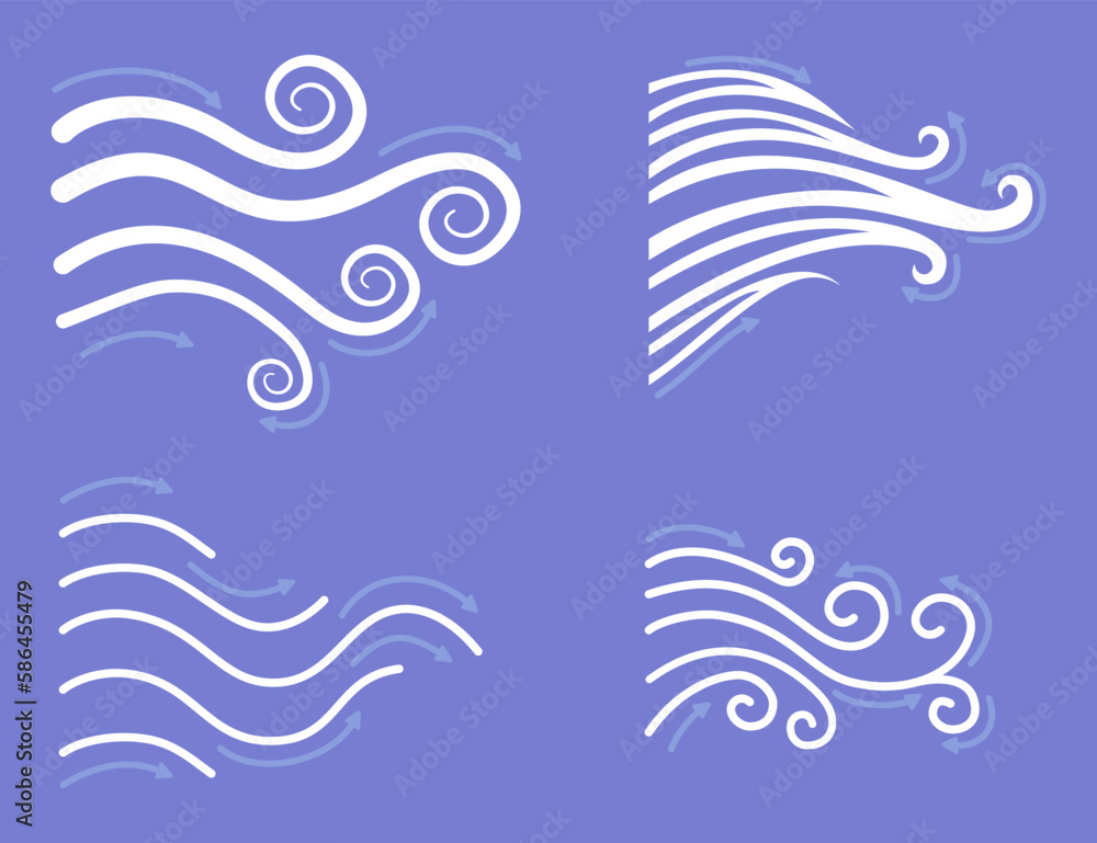 Different styles of air flow vector illustrations set. Windair ...