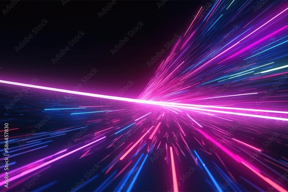 3d render, abstract neon background. Pink blue glowing lines, speed of ...