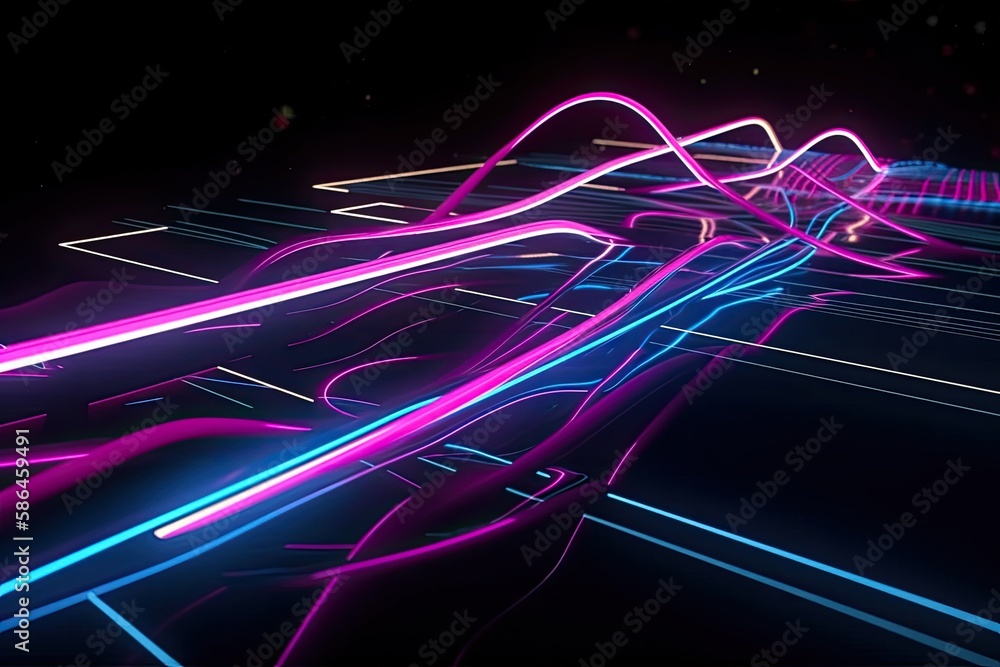 a 3d render, abstract black background with pink blue neon lines ...