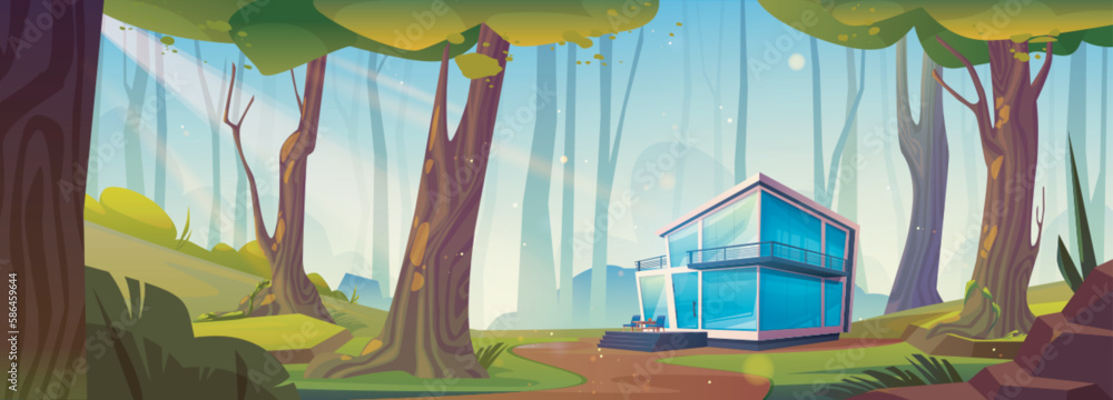 Glass house in woodland. Luxury cottage in deep forest with sun light ...