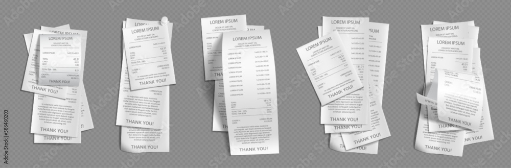 Pile of 3d vector payment bill. Isolated realistic paper pos receipt mockup. Cash check or ...