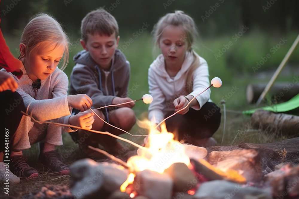 Summer Campfire. Little children roasting marshmallows on a bonfire ...