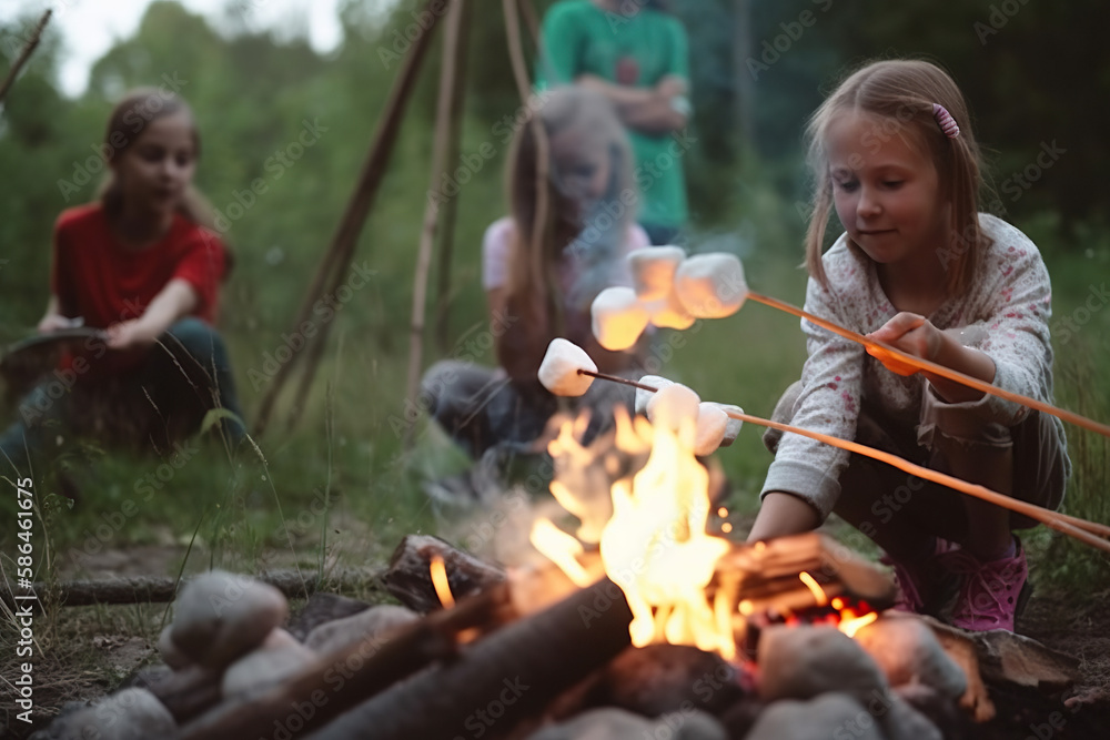 Ilustrace „Summer Campfire. Little children roasting marshmallows on a ...