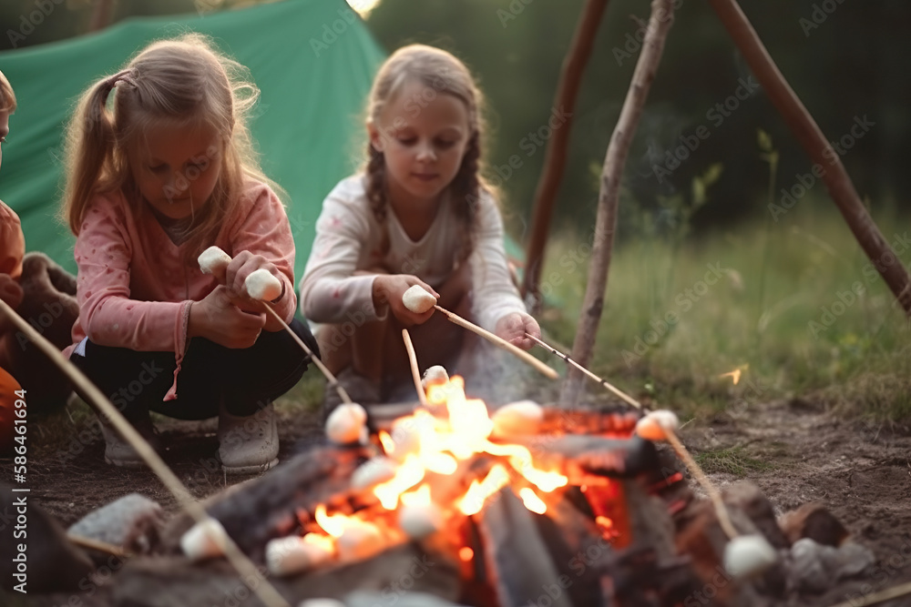 Summer Campfire. Little children roasting marshmallows on a bonfire ...
