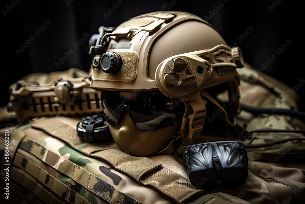 Special Forces FAST Helmet with US Flag, NVGs, and Multicam. Photo ...