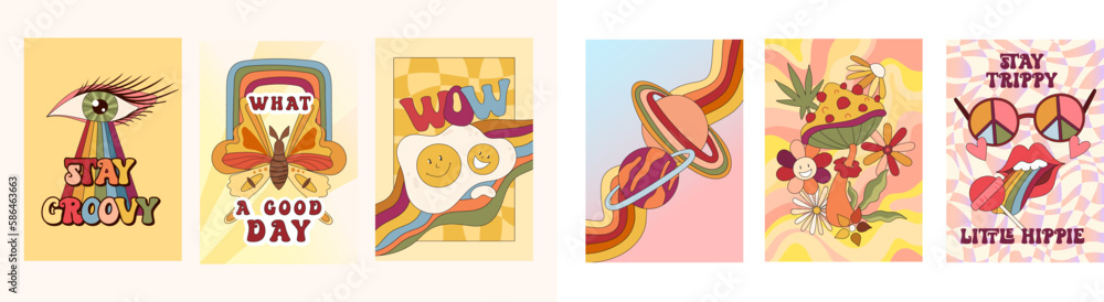 Groovy retro posters or cards set, 70s nostalgia and positive vibes ...