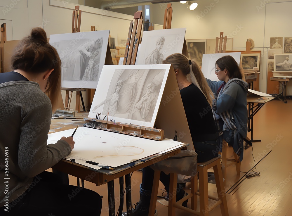 Art studio. Students draw pictures painting with students group in art ...