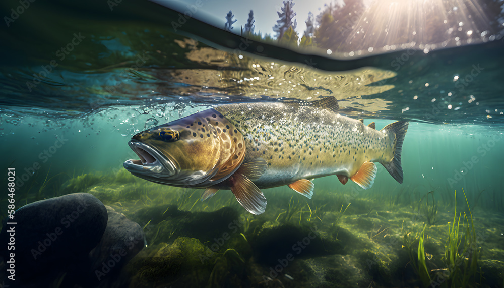 Predatory fish salmon trout in habitat under water looking for prey ...