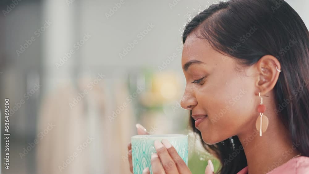 Coffee drink, face and woman smell tea cup steam, hot chocolate aroma ...