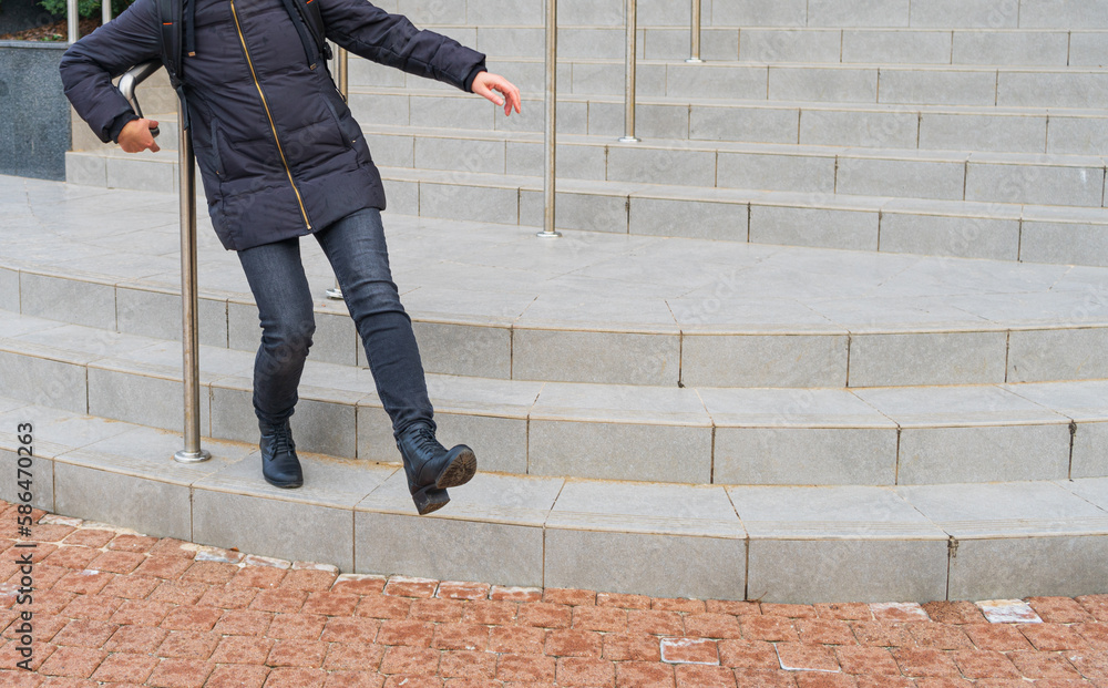 Falling Woman on Slippery Stairs, Icy Steps Fell, Unsafe Wet Steps ...