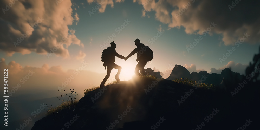 Two friends stand atop a mountain, silhouette, against the sky as they ...