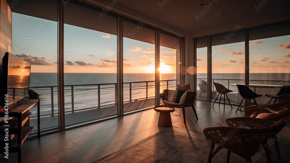 Inside a beach condo looking out into the ocean sunsetting reflective ...
