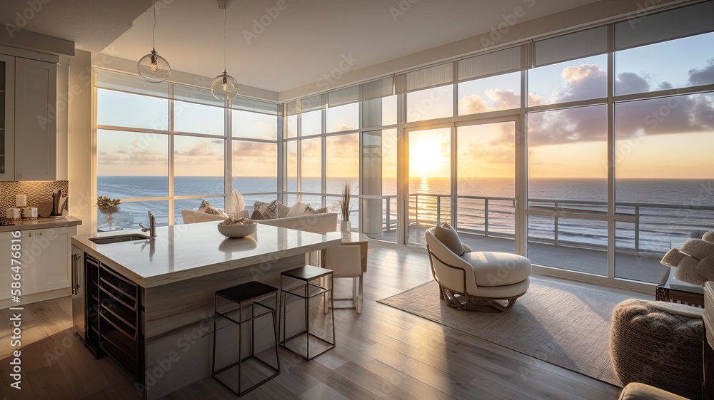 Inside a beach condo looking out into the ocean sunsetting reflective ...