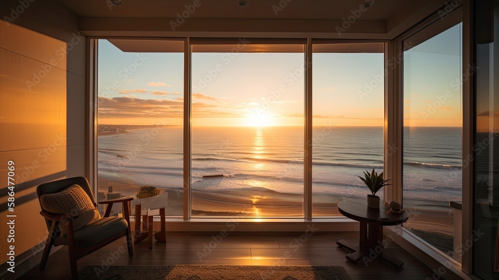 Inside a beach condo looking out into the ocean sunsetting reflective ...