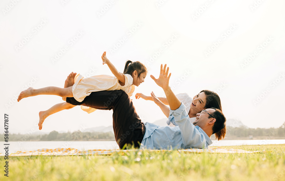 Family fun. Happy family father holding small kid daughter on straight ...