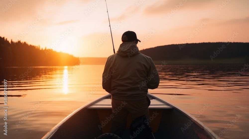 Fishing Moment: Man Casting Rod on Scenic Lake from Boat. Generative AI ...