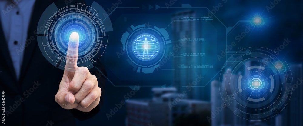 Technology abstract background with person hand touching complex ...