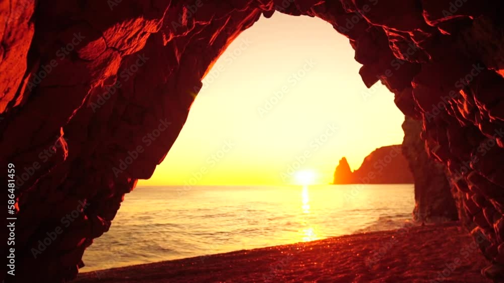 Inside Cave Sunset Ocean Sea View Through Hole. View from the stone ...