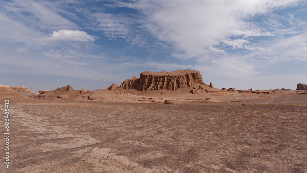 Low-angle view of the beautiful Lut desert and its formations known as ...