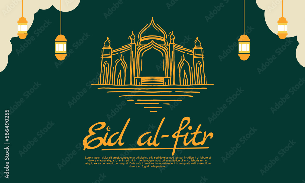 Eid Mubarak greeting card with flat landscape illustration of mosque ...
