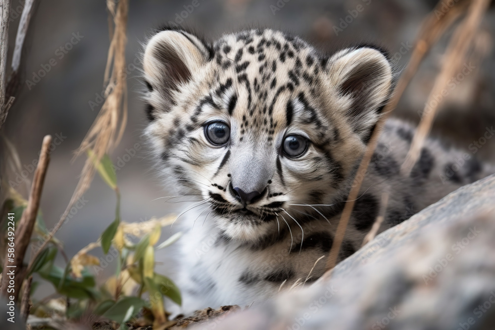 Cute snow leopard cub. Snow leopard baby portrait. digital ai art Stock ...