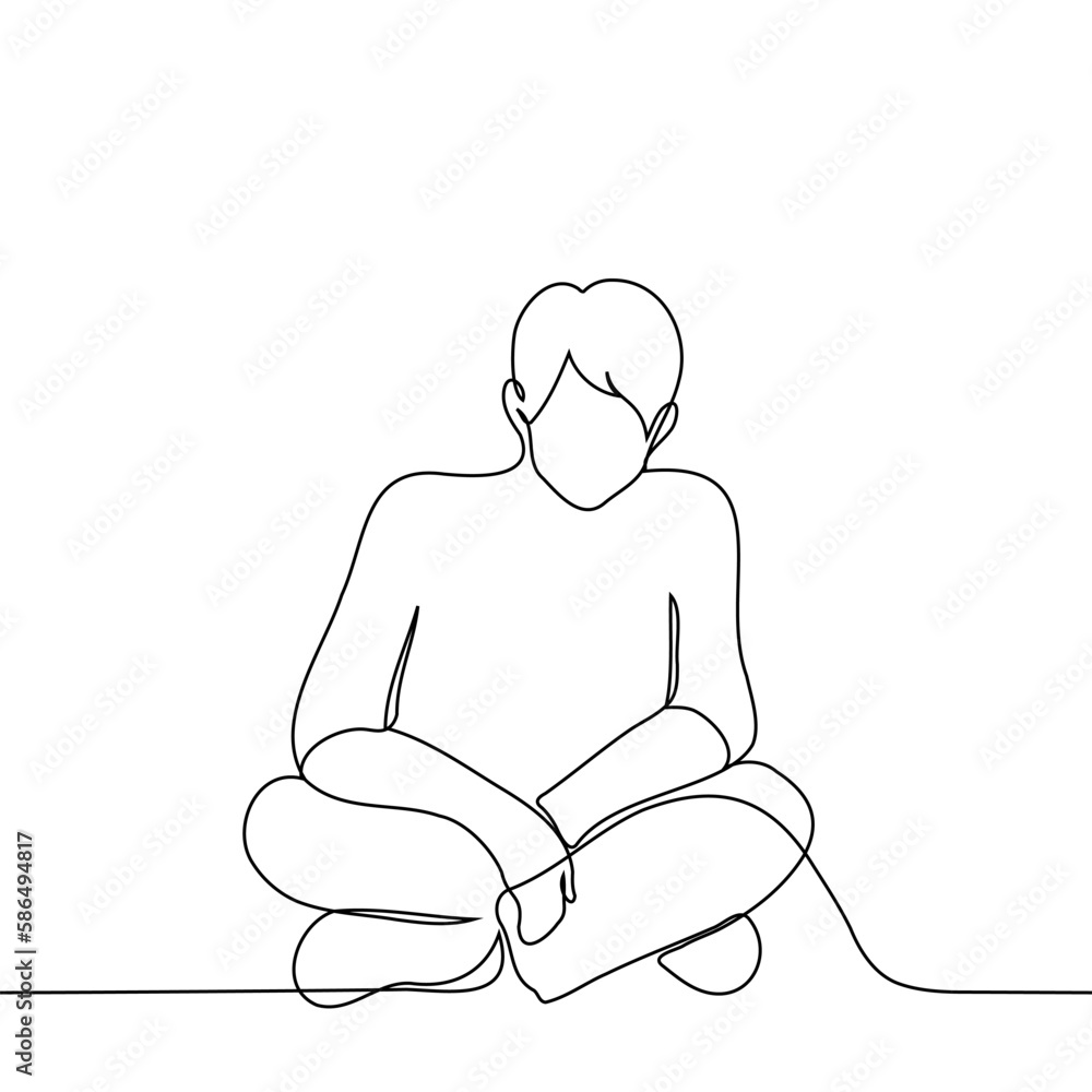 man sitting on the floor with crossed legs - one line drawing vector ...