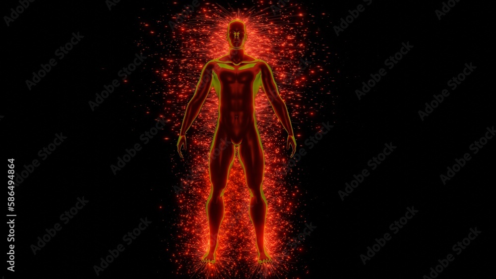 Glowing man with electric energy stream, embers background. Silhouette ...