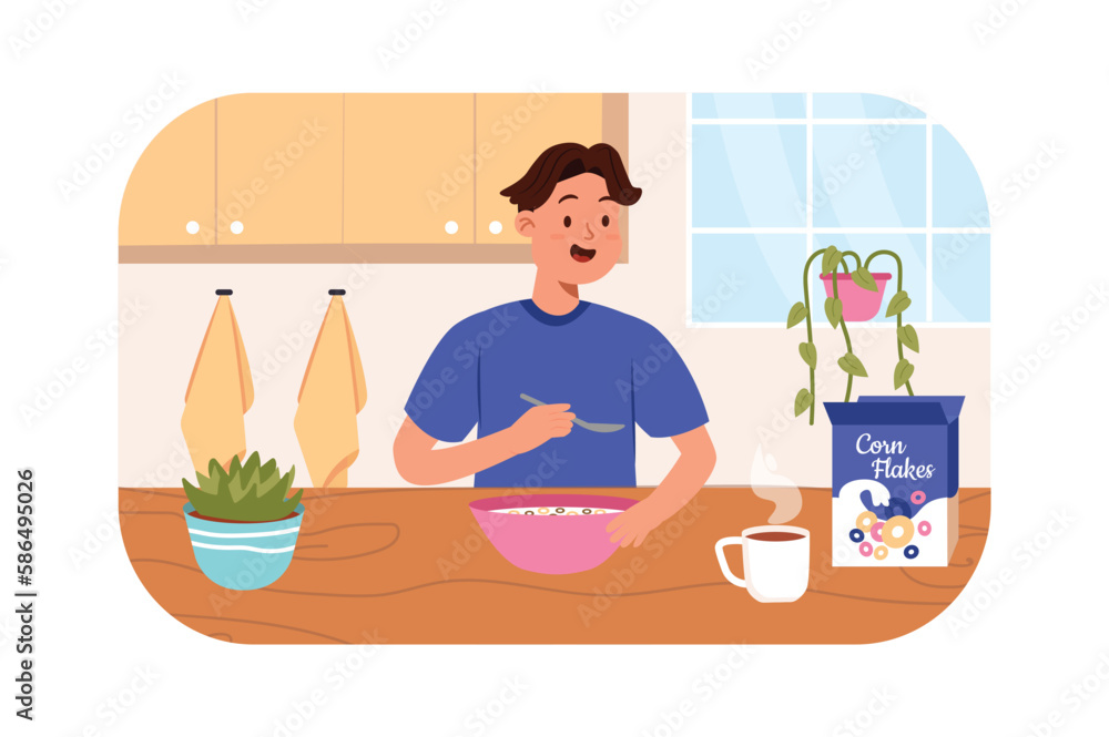 Breakfast kids concept with people scene in the flat cartoon design ...