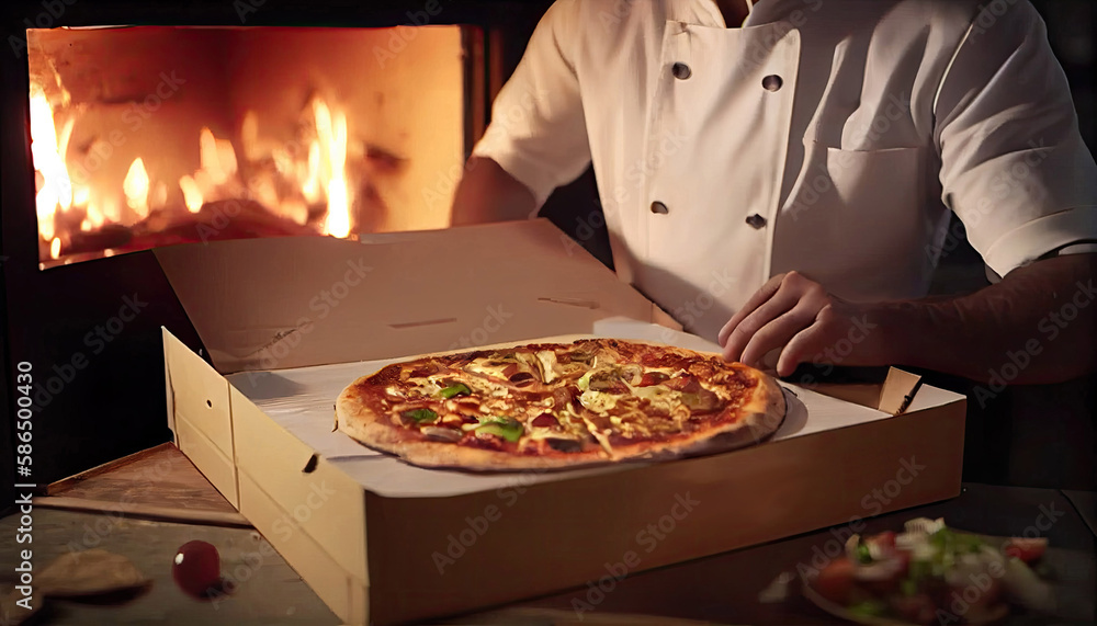 professional chef puts pizza from oven inside a pizza box ready for ...