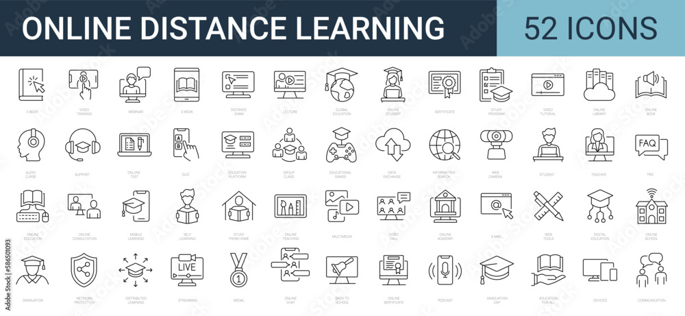 Set of 52 line icons related to e-learning, remote studying, distance ...