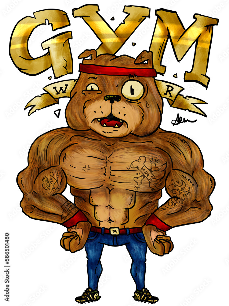Cartoon bear with a muscular body, biceps and press, with a bandage on ...