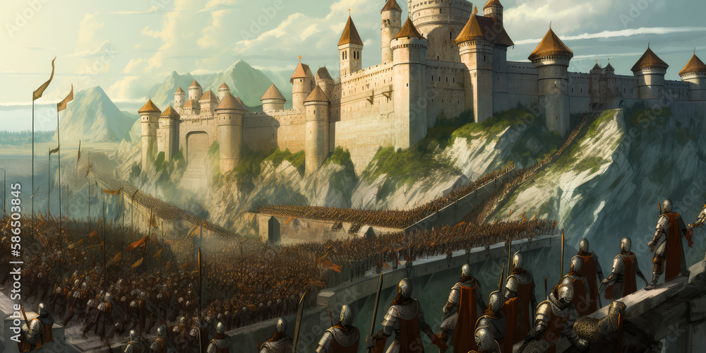 A large medieval army lined up on the castle walls before war. Middle ...