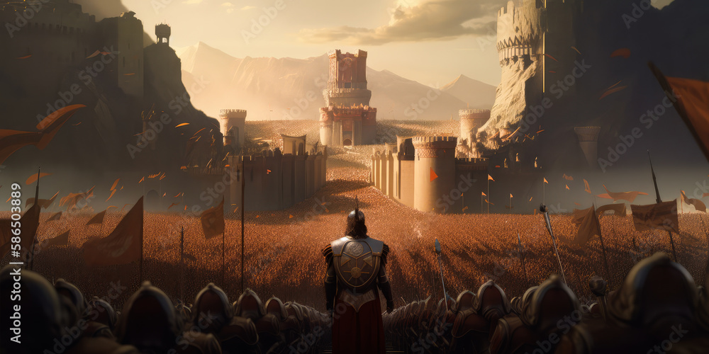 Medieval king overlooking his troops from a tall castle. Illustration ...