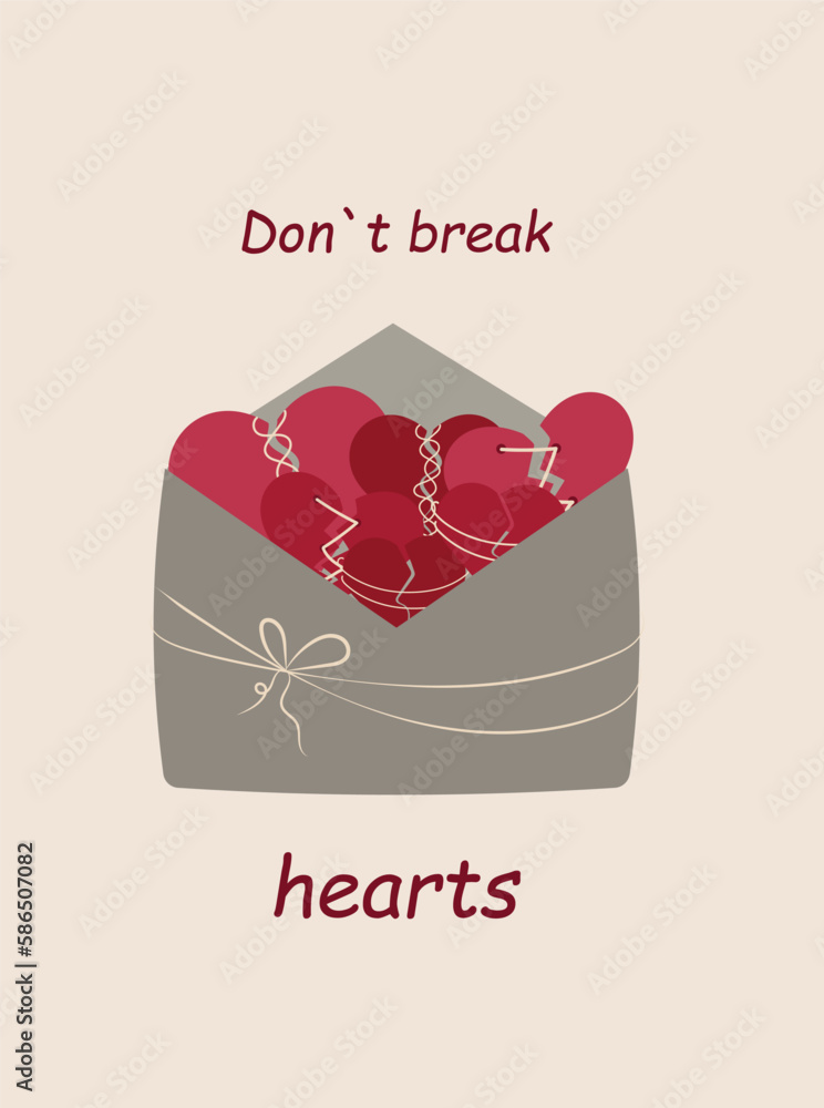 Red broken heart in an envelope with a letter. The inscription don't ...