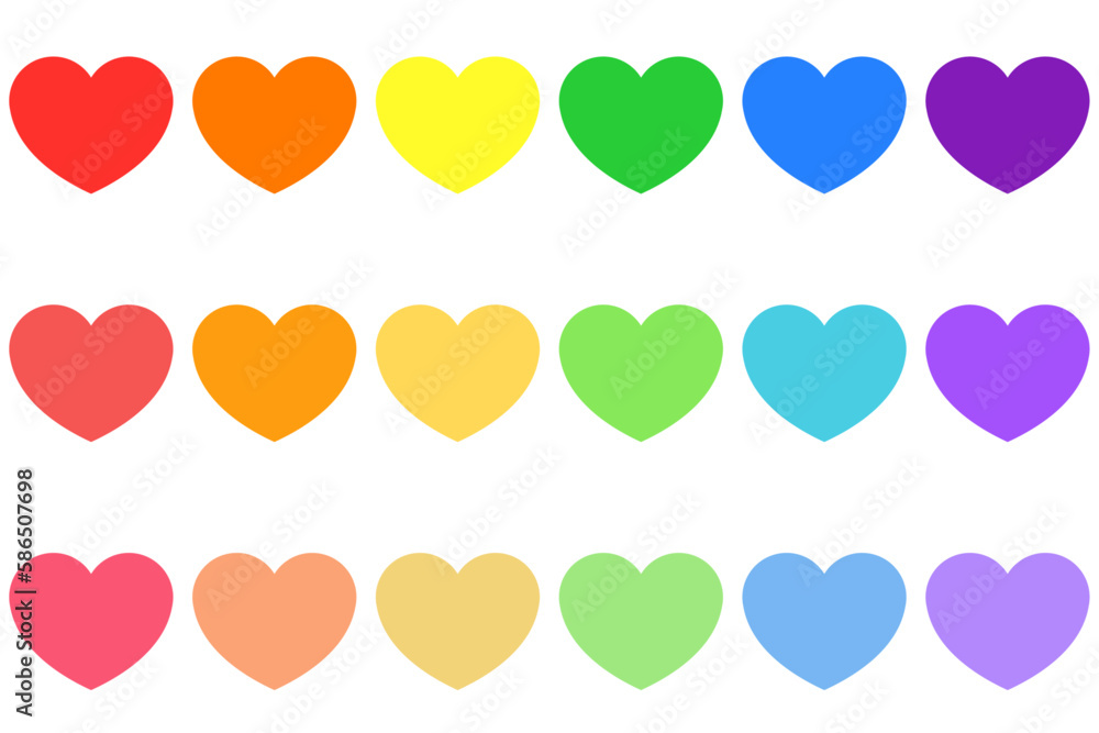Heart shapes in bright and soft, pastel rainbow colors, flat style ...