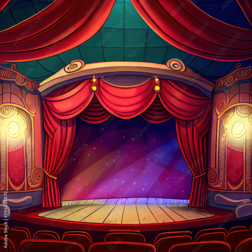Cartoon theater stage with red curtains for art performance, created ...