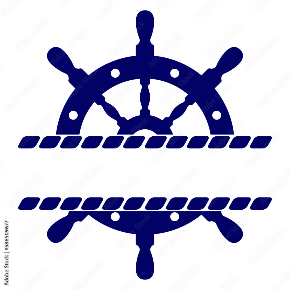 Logo nautical. Banner con silueta de timón de barco con marco de cuerda ...