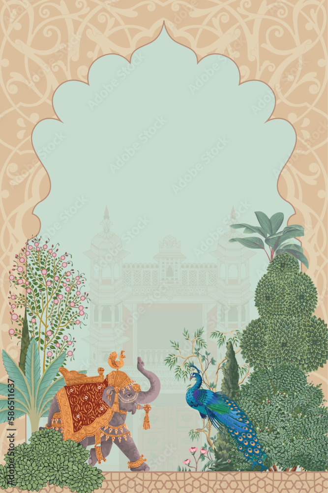 Vetor de Mughal garden arch, plant, elephant, peacock illustration ...