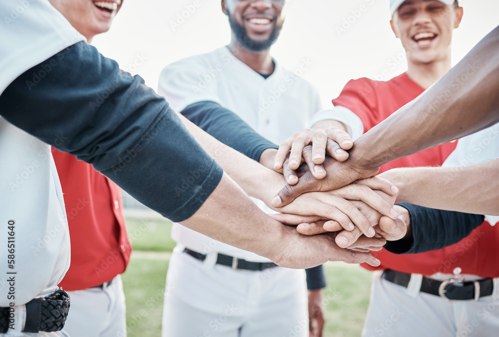 Hands, baseball motivation or men in huddle with support, hope or faith ...