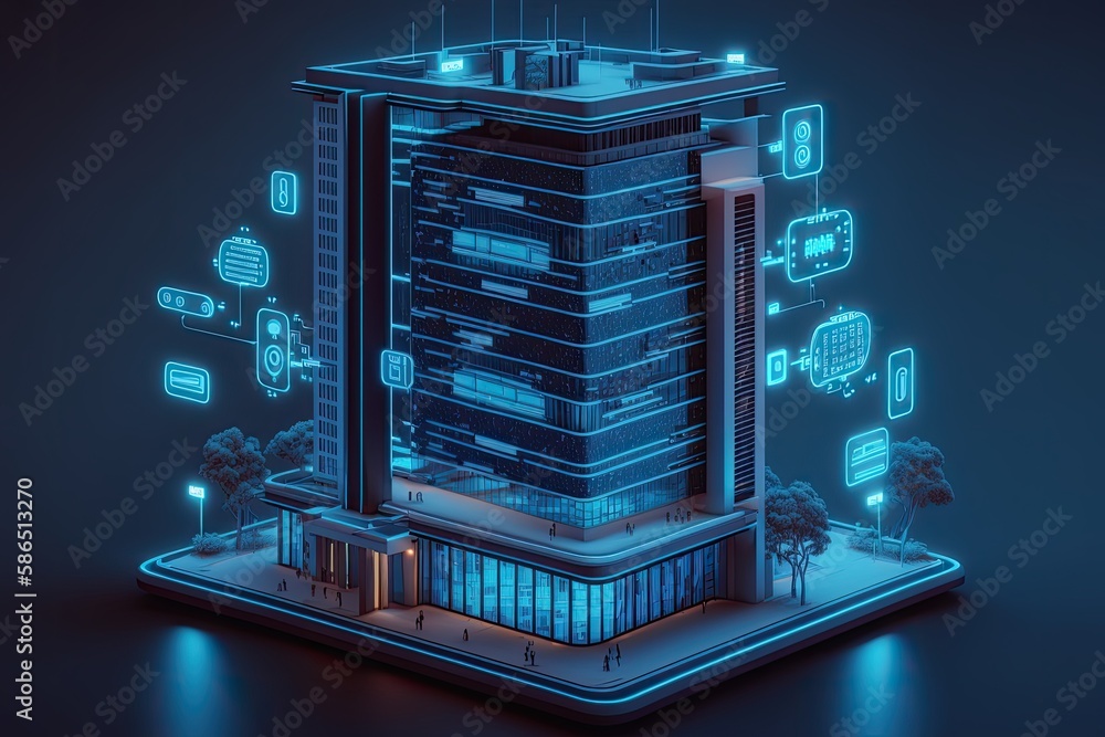 Modern futuristic neon smart home, against the background high rise ...