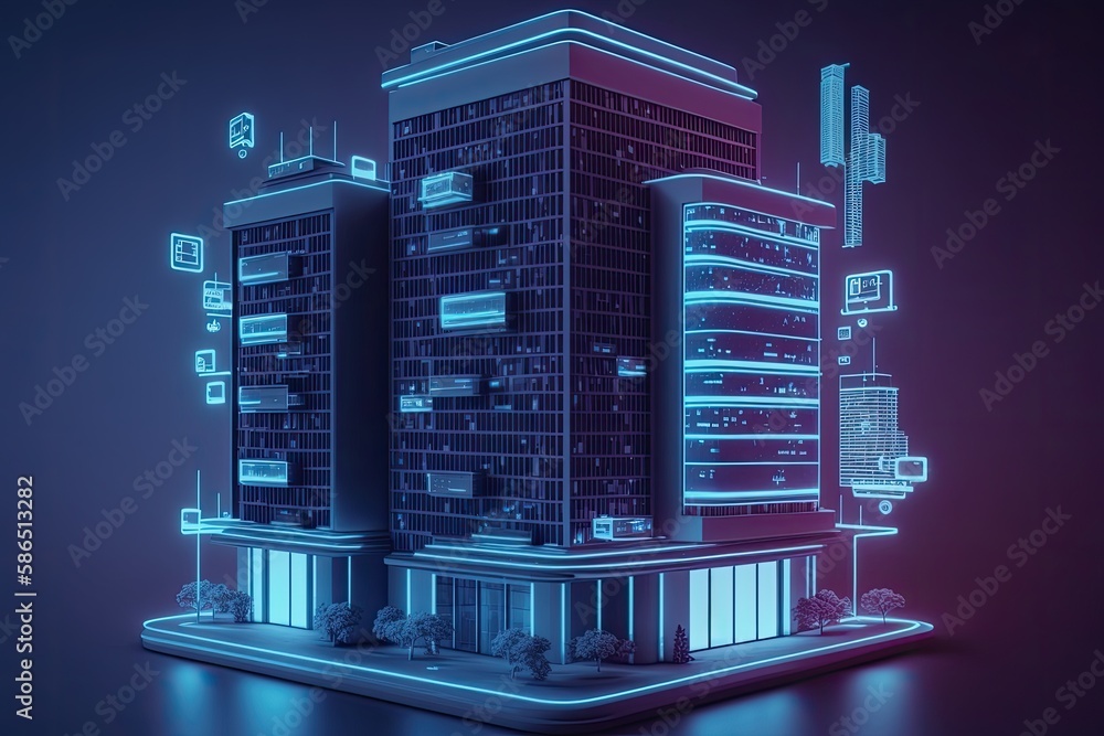 Modern futuristic neon smart home, against the background high rise ...