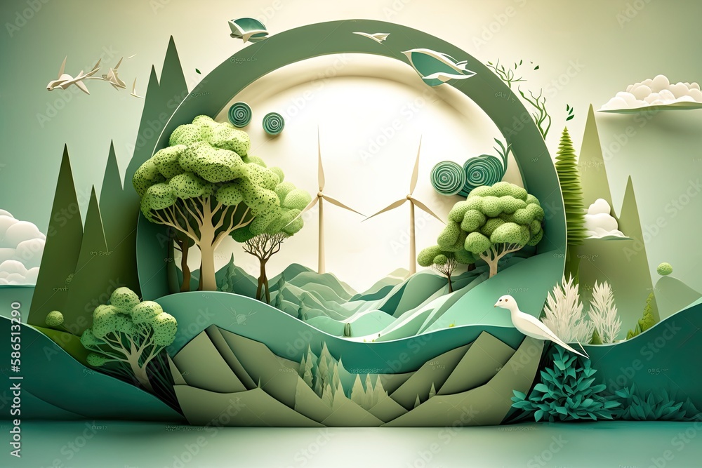 Paper art, renewable energy background with green energy as wind ...