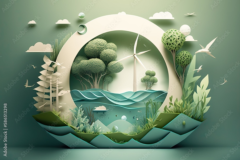 ภาพประกอบสต็อก Paper art, renewable energy background with green energy ...