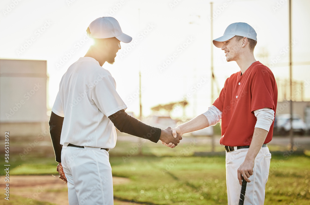 Men, handshake or baseball player on field, sports or stadium grass in ...